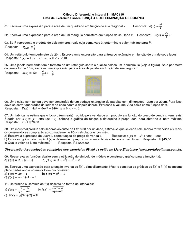 1ª Lista de Exercícios FUNÇÃO E DOMÍNIO (6) | PDF | Domínio de ...