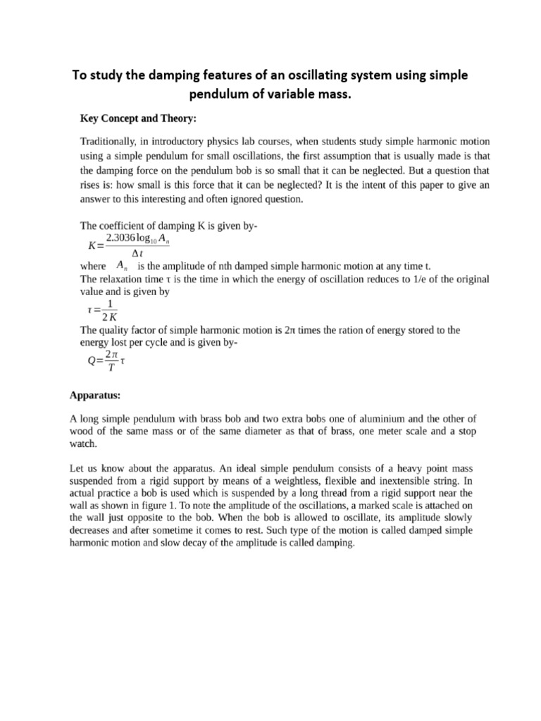 To Study The Damping Features of An Oscillating System Using Simple Pendulum of Variable Mass | PDF