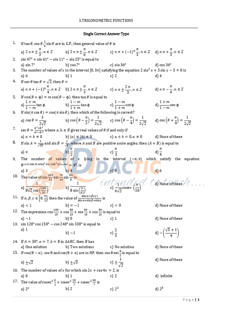 Trigno Jee Worksheet PDF (1) - Watermark | PDF | Triangle | Trigonometric Functions
