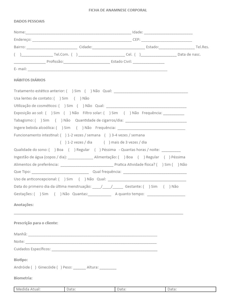 FICHA DE ANAMNESE CORPORAL e FACIAL | PDF | Gravidez | Medicina Clínica