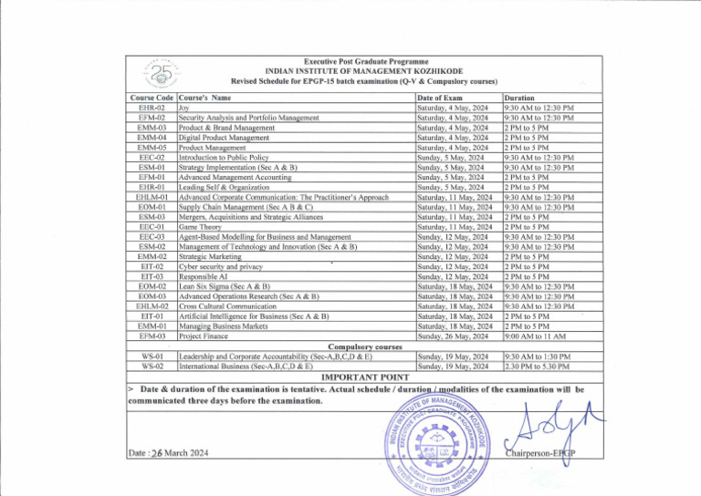 Compulsory Courses Exam Schedule | PDF