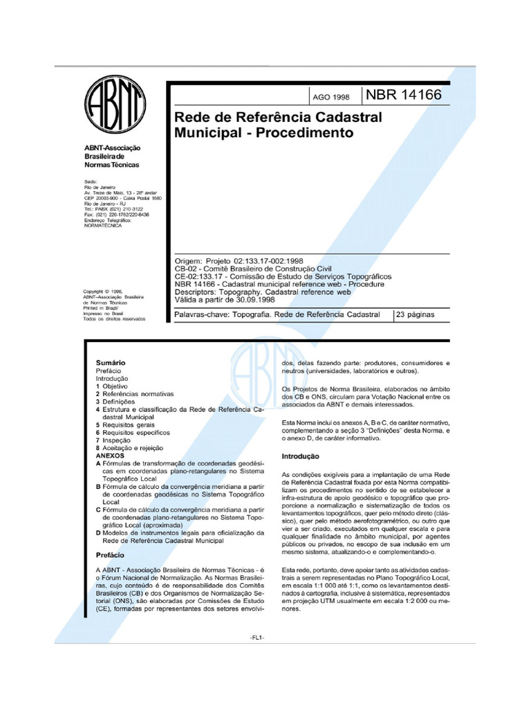 NBR 14166 de 08.1998 - Rede de Referência Cadastral Municipal - Procedimento | PDF