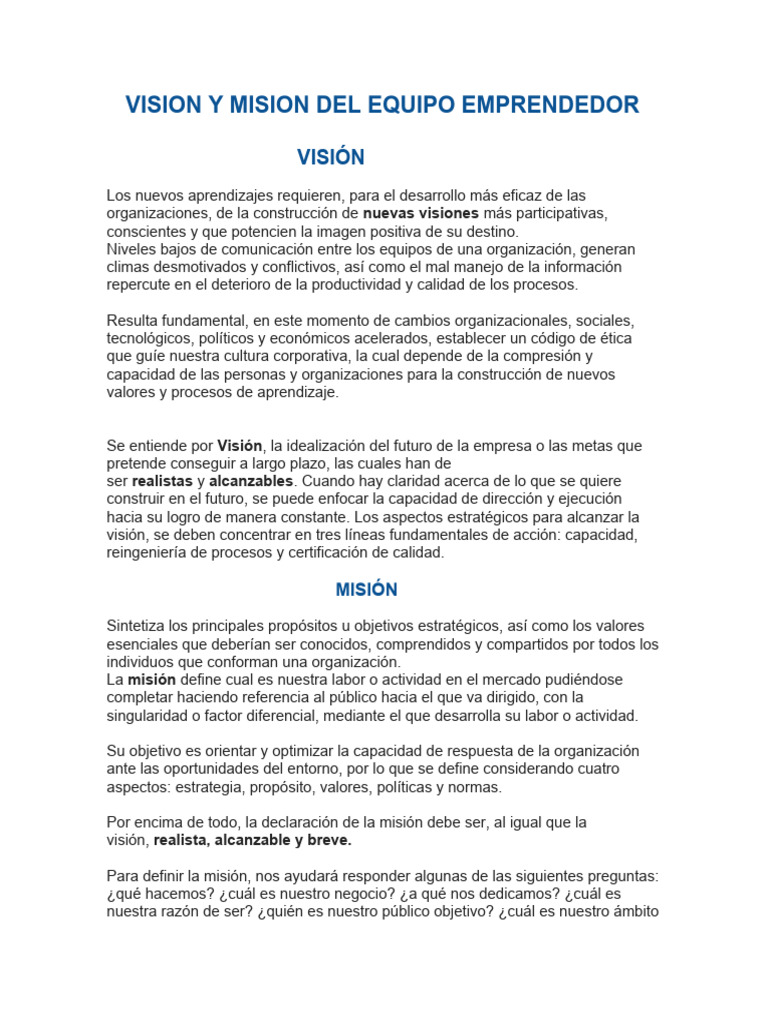 Vision y Mision Del Equipo Emprendedor - Creatividad | PDF ...
