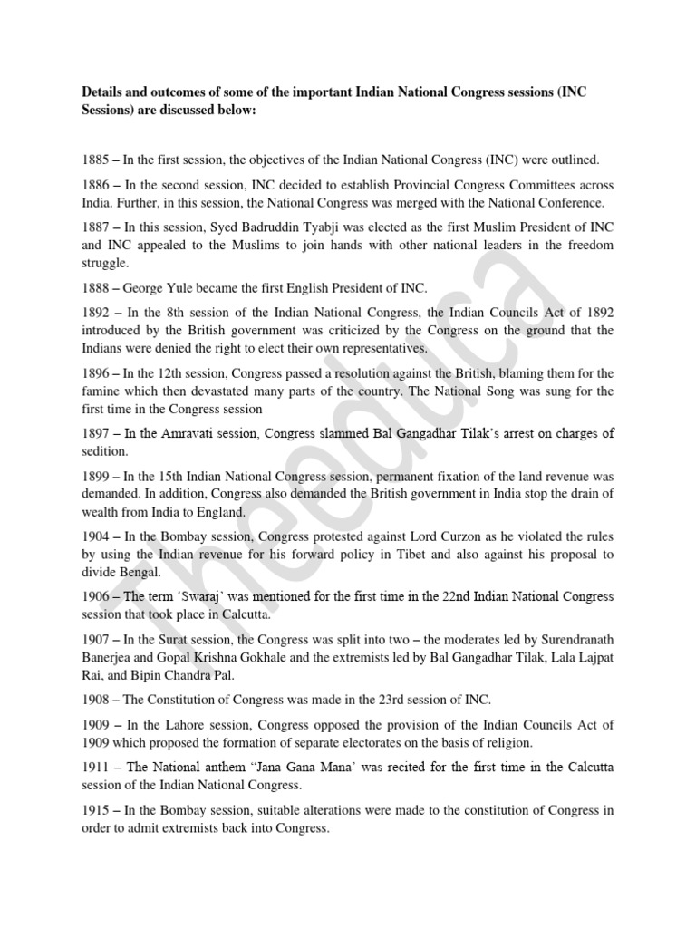 Important Sessions of INC | PDF | British Raj | British India