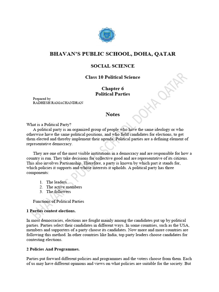 10 Pol Lesson 6 Notes 2023-24 | PDF | Political Parties | Elections
