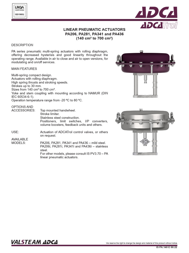 3 70a e Pa 140 Pa206 Pa436 Linear Pneumatic Actuators | PDF | Valve ...
