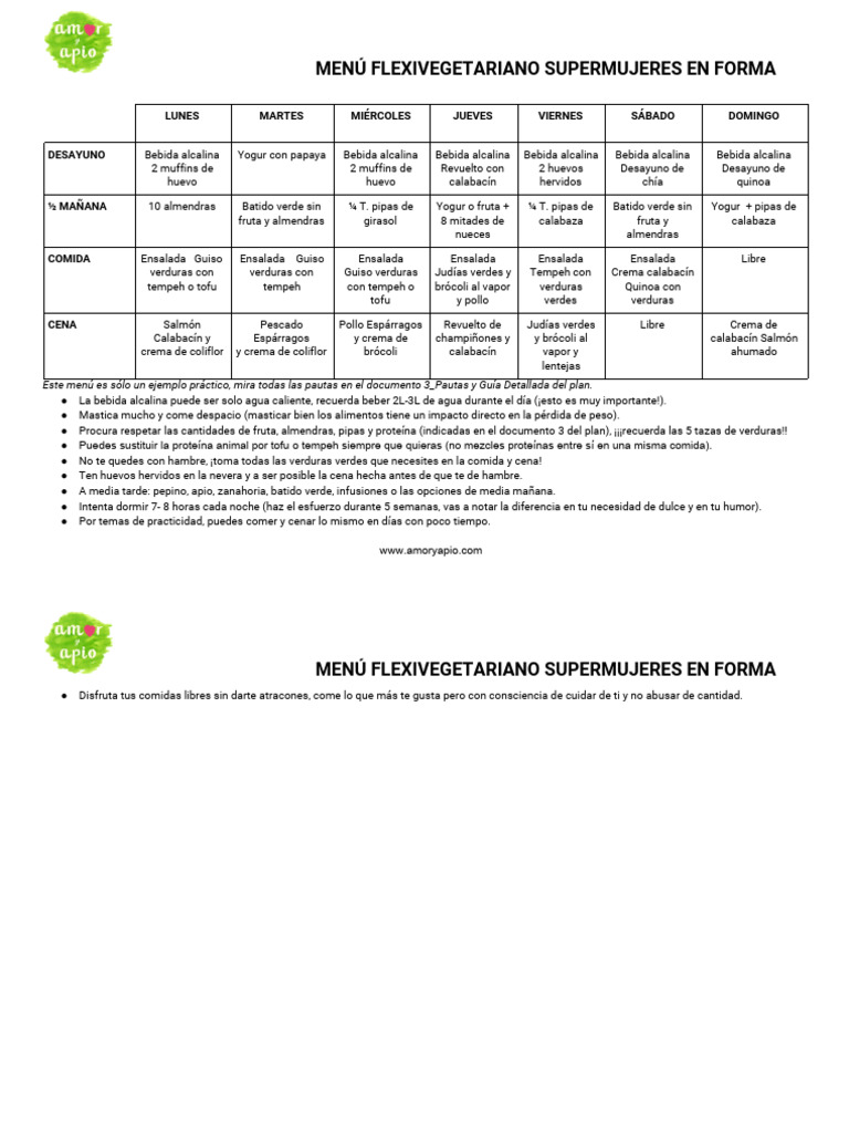Menú Semanal Flexivegetariano Familiar | PDF | ensalada | Vegetales