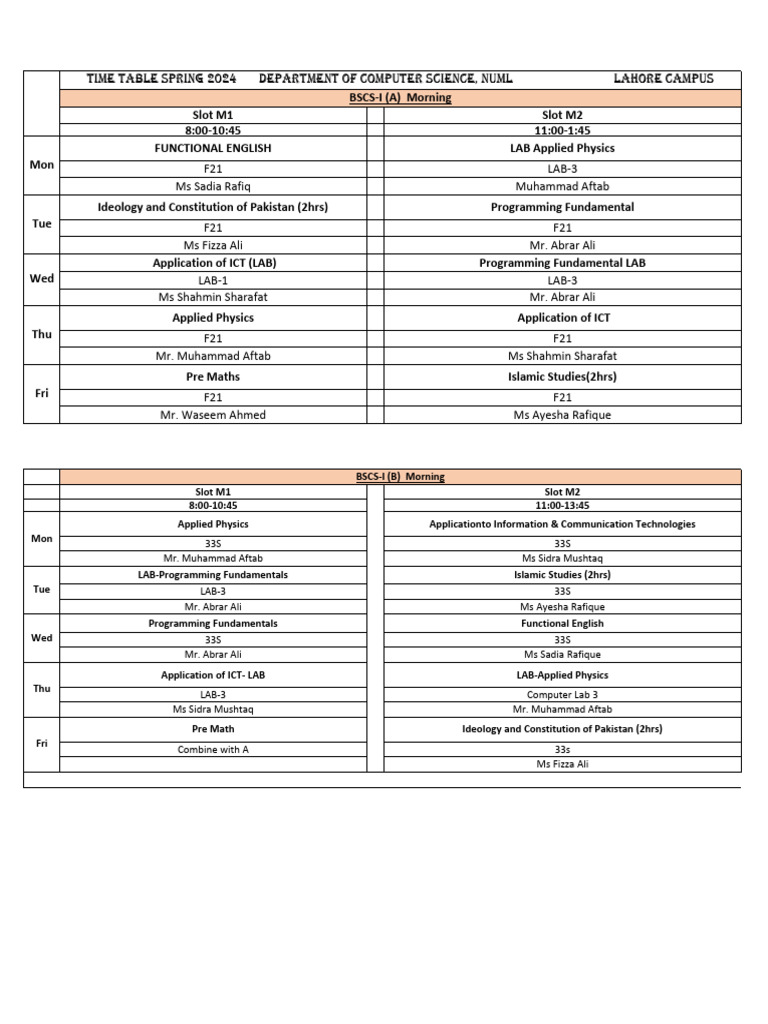 BSCS Spring TimeTableV-2 | PDF | Computing | Mathematics