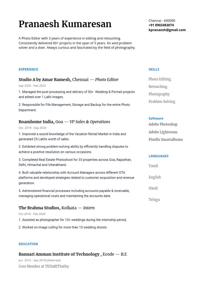 Pranaesh - Photo Editor - Resume | PDF