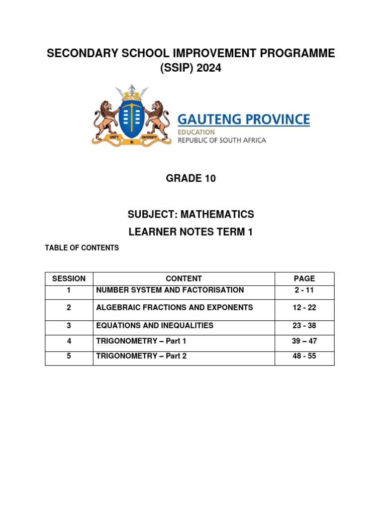 Term 1 Mathematics (Session 1 - 5) 2024 Learner Final Grade 10 | PDF | Numbers | Rational Number