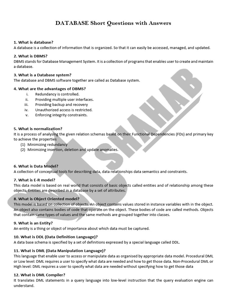 DATABASE Short Questions With Answers | PDF | Relational Database | Databases