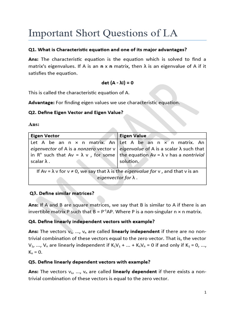 Important Short Questions of LA | PDF | Eigenvalues And Eigenvectors | Matrix (Mathematics)