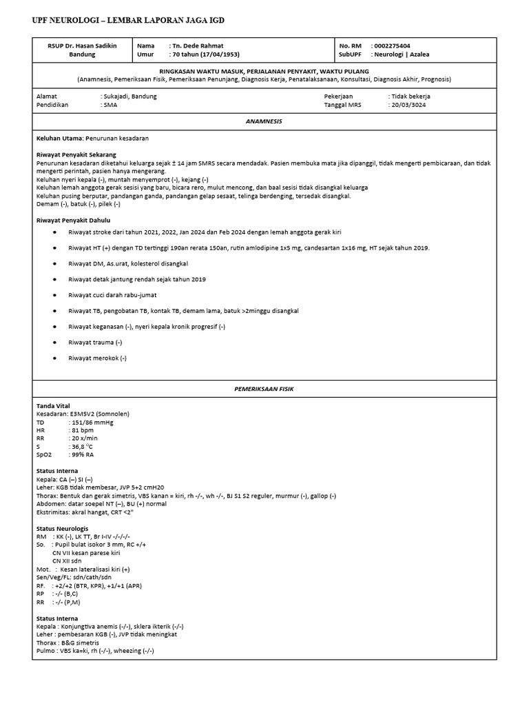 Upf Neurologi - Lembar Laporan Jaga Igd: Anamnesis | PDF