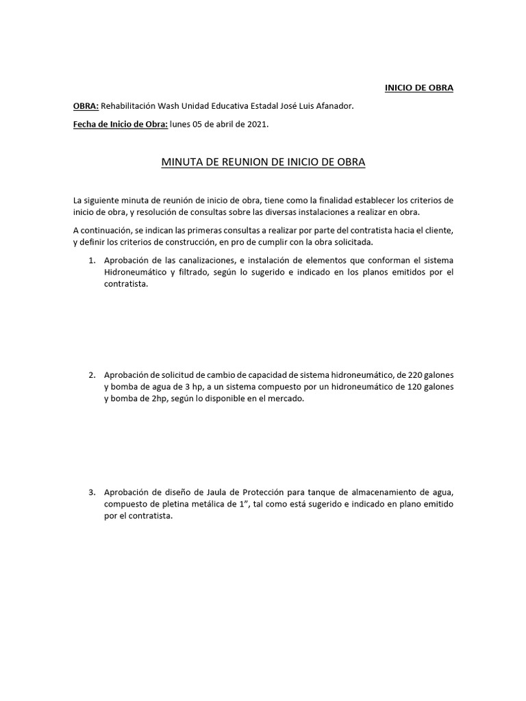 Minuta Inicio De Obra Pdf Tap Válvula