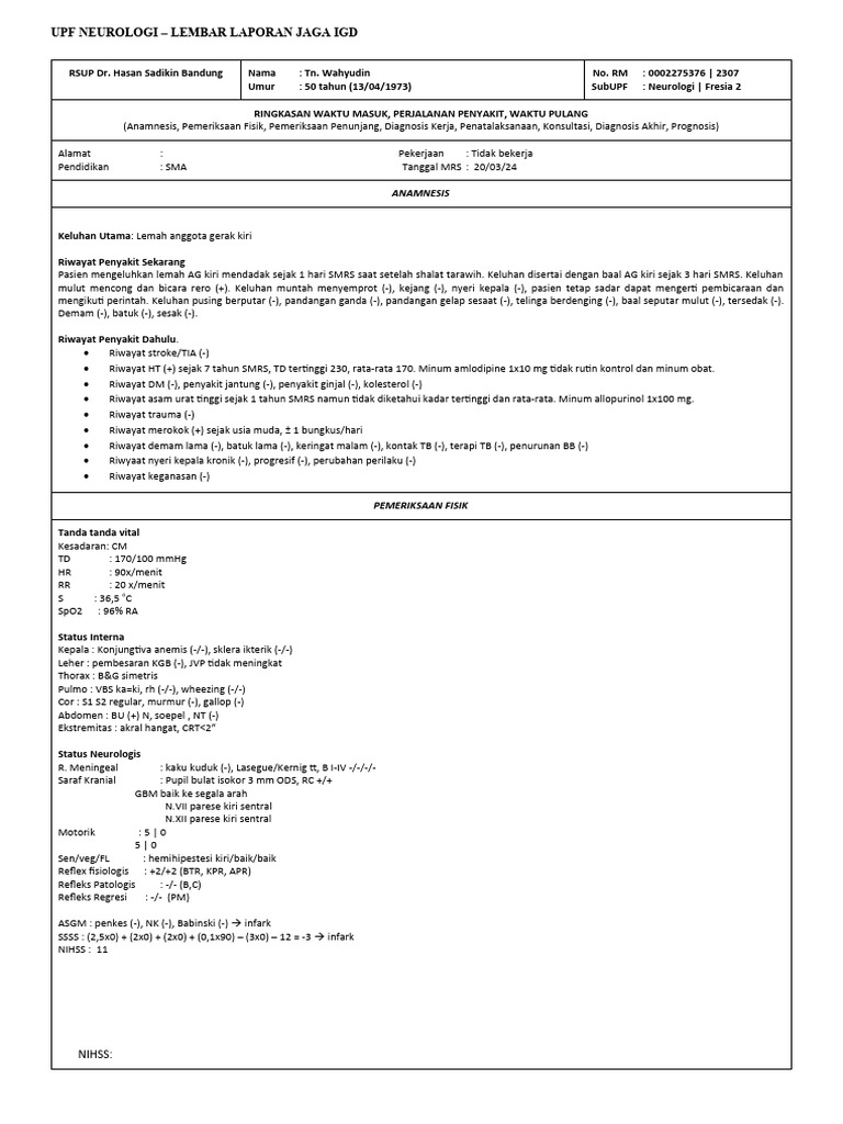 Upf Neurologi - Lembar Laporan Jaga Igd: Anamnesis | PDF