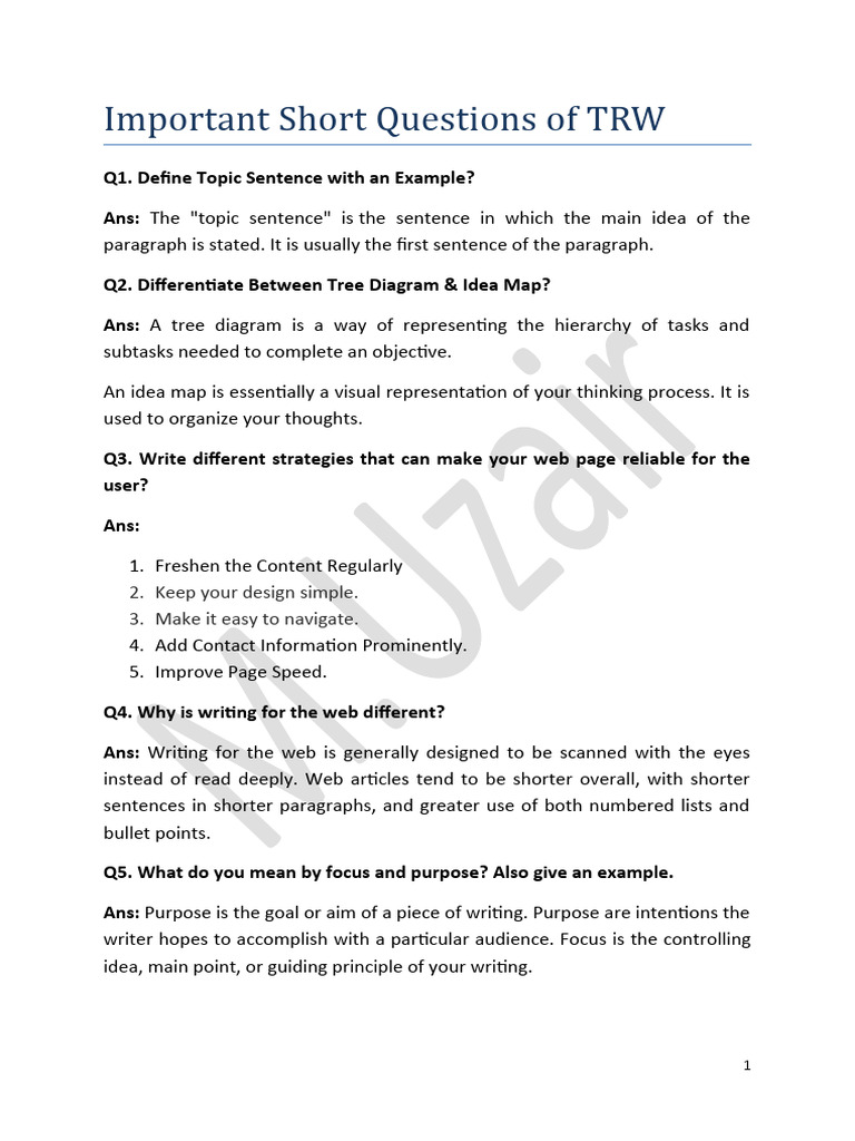 Improtant Short Questions of TWR | PDF | Page Layout | Thought