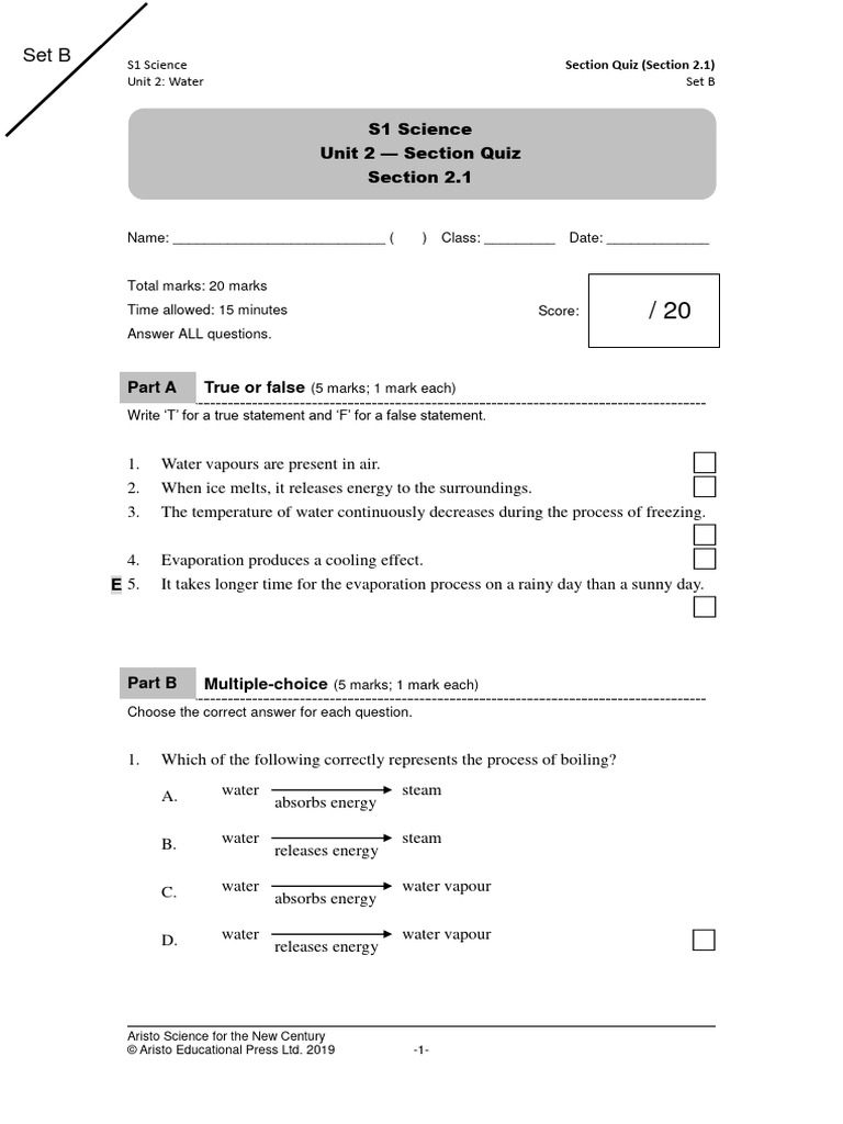 S1 Science Water Quiz | PDF | Water | Water Vapor