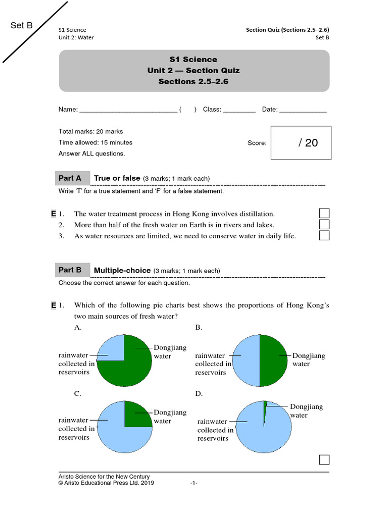 S1 Science Water Quiz: Sections 2.5-2.6 | PDF | Waste | Water