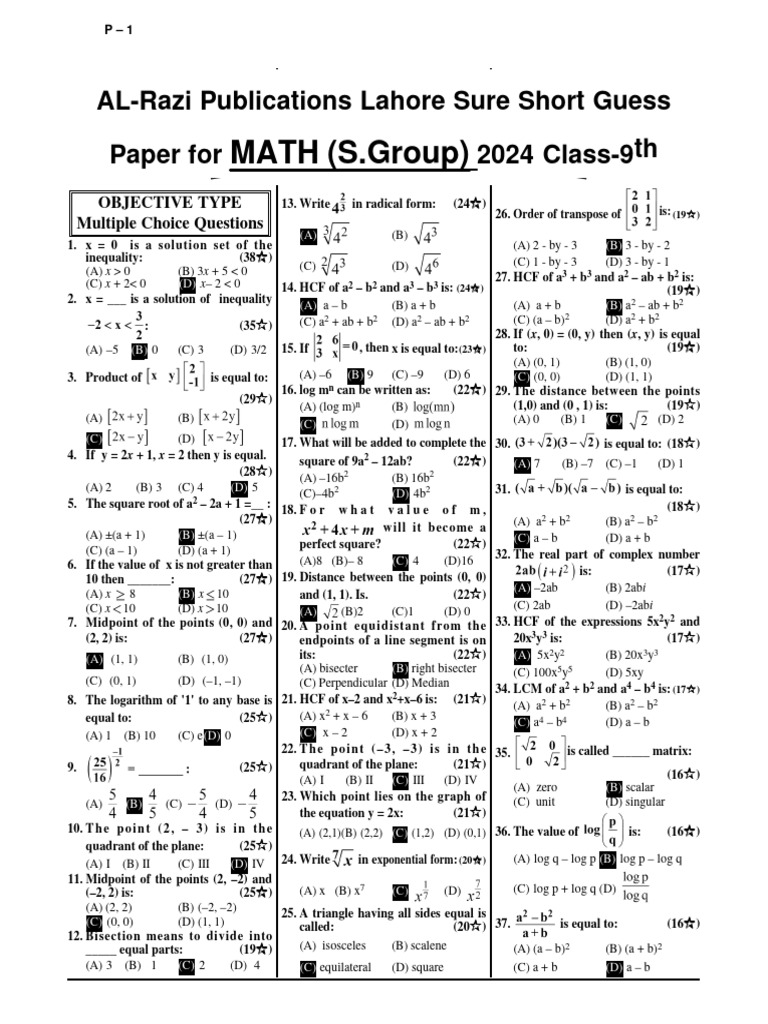 AL-Razi Guess Paper Math E - M (S - Group) 9th | Download Free PDF | Mathematical Concepts ...