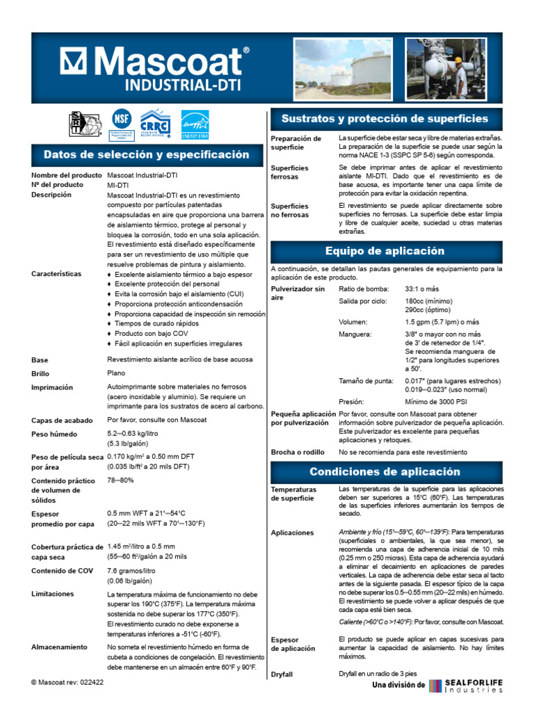 Revestimiento Aislante Mascoat Industrial-DTI | PDF | Revestimiento ...
