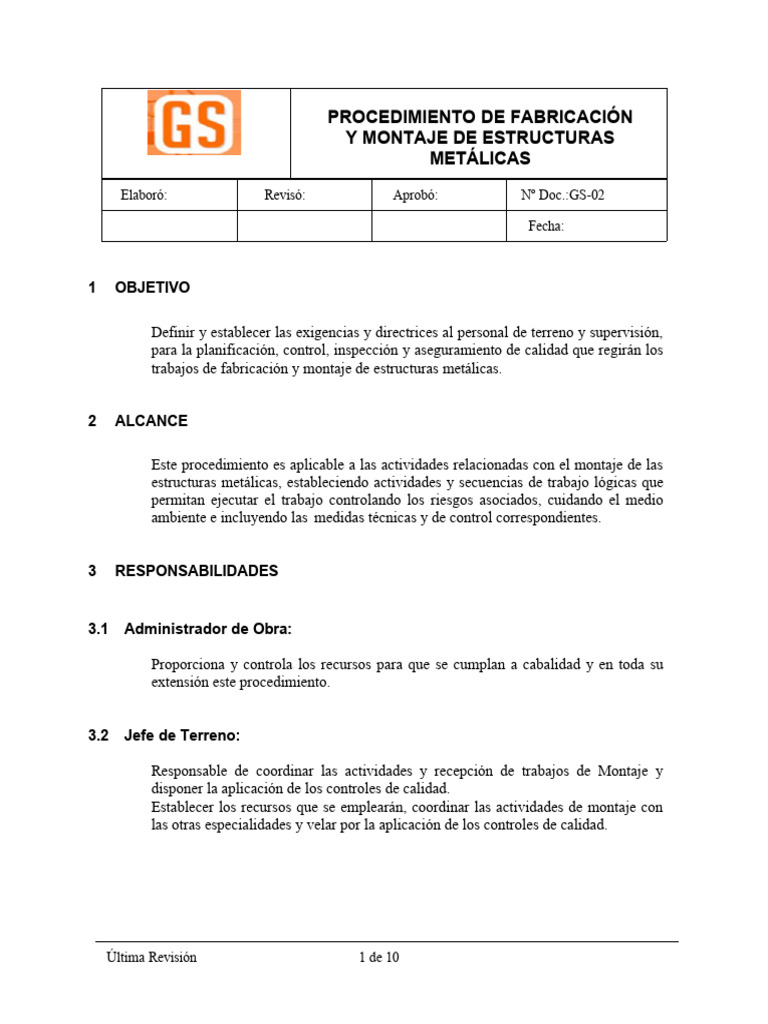 Procedimiento de Fabricacion y Montaje de Estructuras Metalicas | PDF | Soldadura | Construcción
