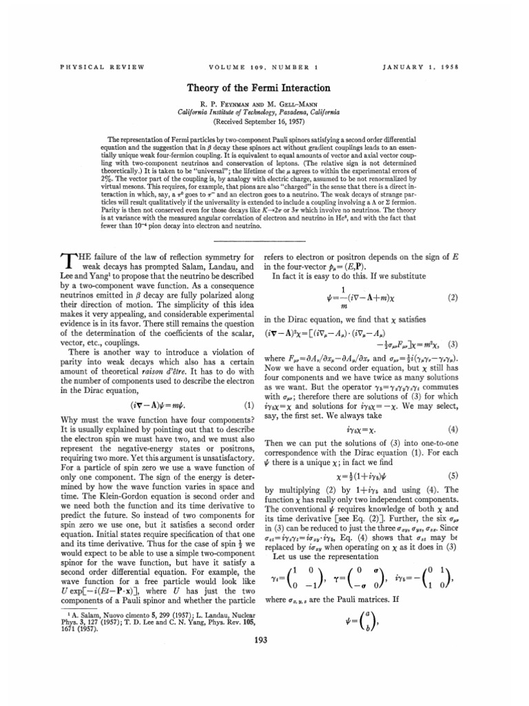 Feynman, Fermi Interaction | PDF | Neutrino | Electron