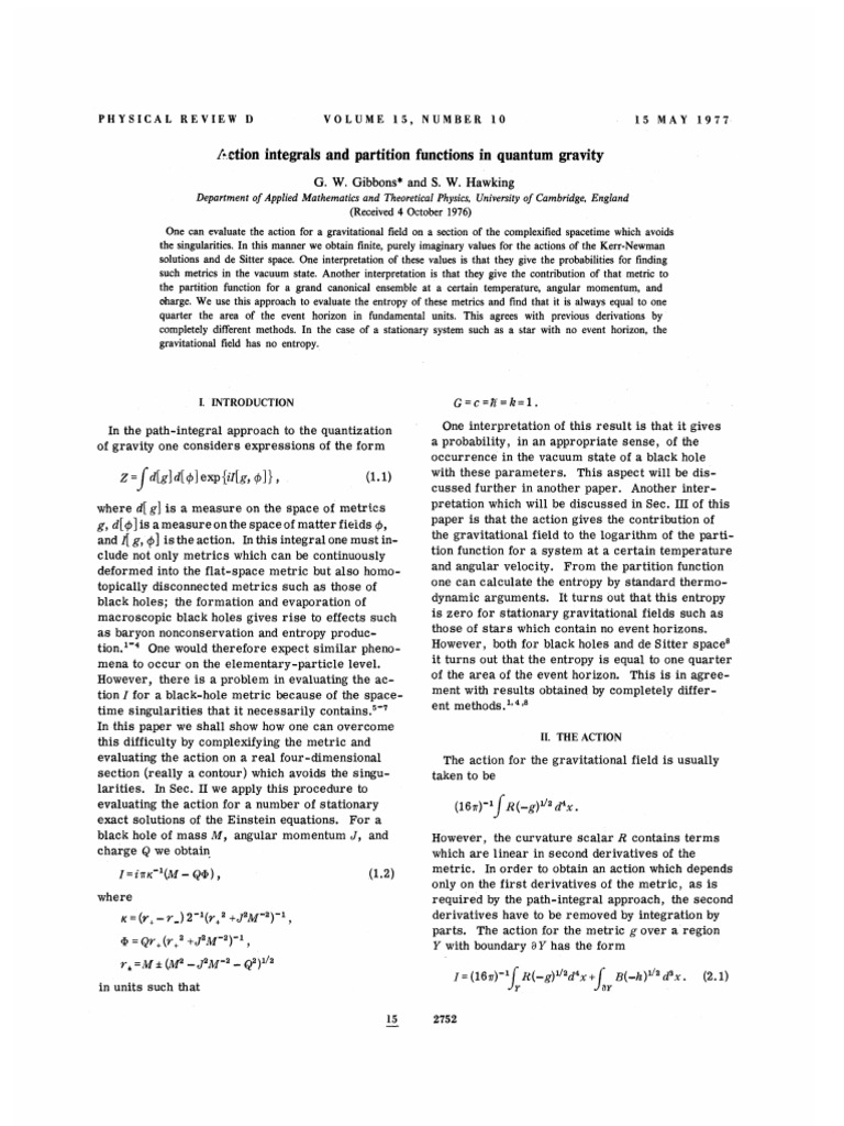 Gibbons Hawking, Action Integrals and Partition Functions in Quantum Gravity | PDF