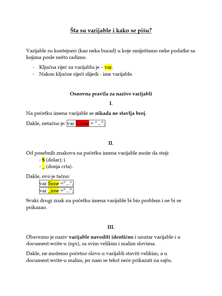 Varijable - 1 Lekcija | PDF
