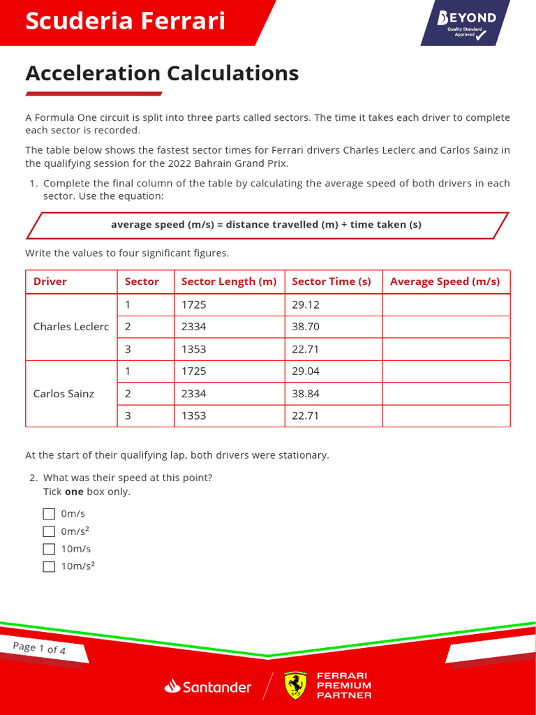 Scuderia Ferrari Acceleration Calculations Support | PDF | Velocity | Speed