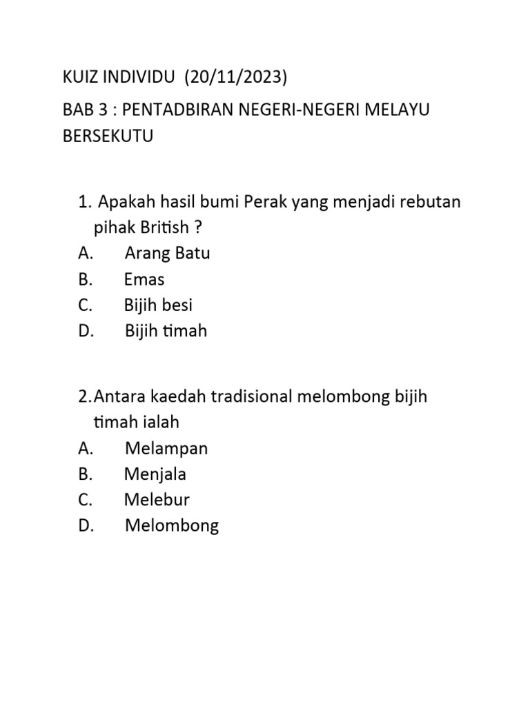 Kuiz Individu Bab 3 Sejarah | PDF
