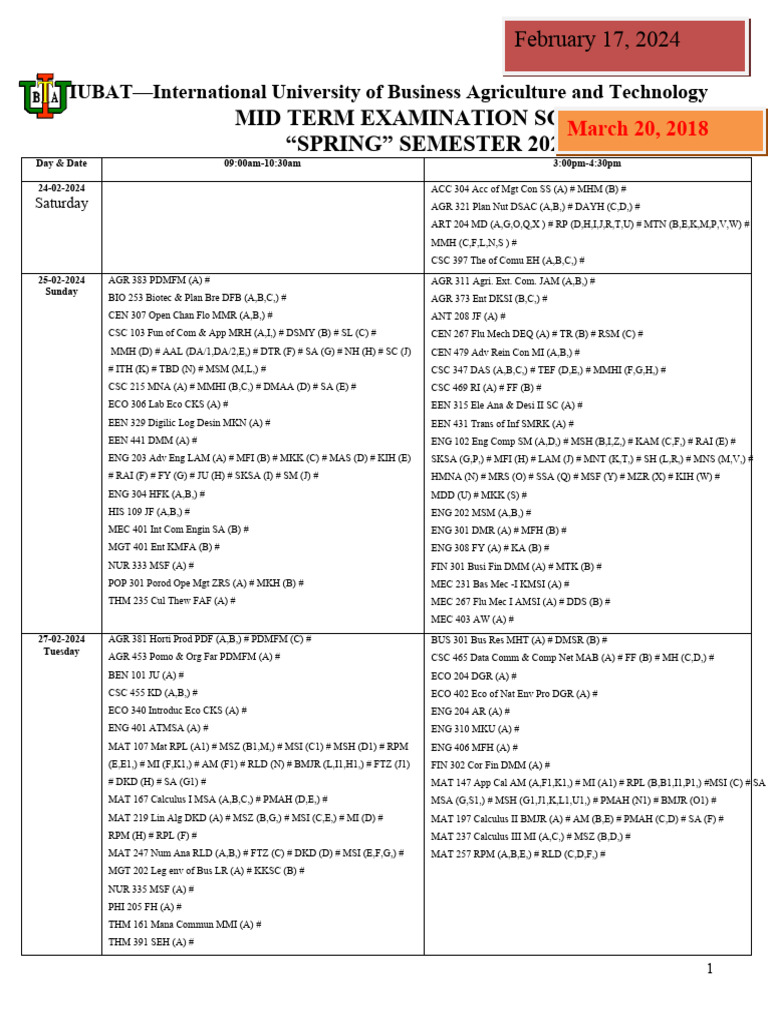 IUBAT Spring 2024 Exam Schedule | PDF