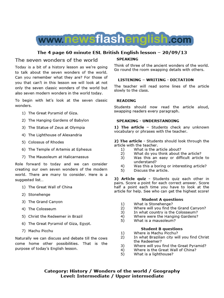 The Seven Wonders of The World: The 4 Page 60 Minute ESL British ...