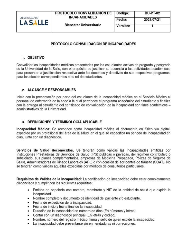 Bu Pt 02 Protocolo Convalidacion De Incapacidades Pdf