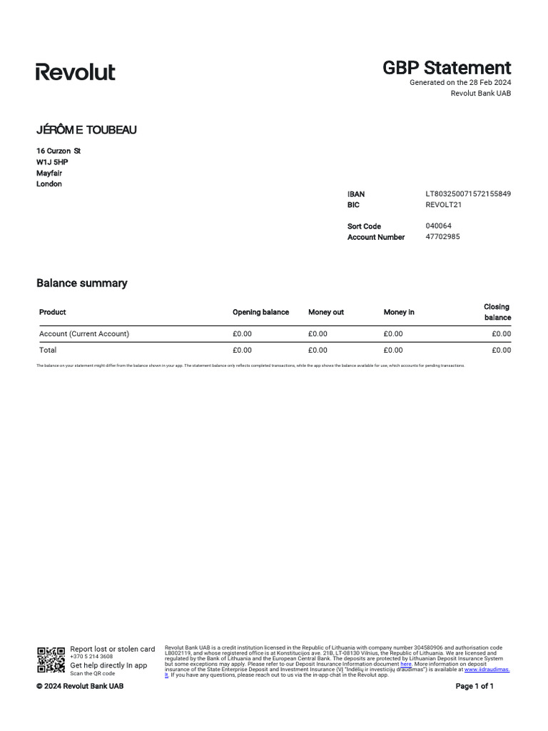 REVOLUT STATEMENT 2024 | PDF | Banks | Banking Technology