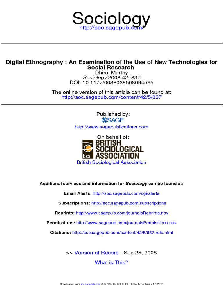 Digital Ethnography An Examination of TH | PDF | Ethnography | Sociology