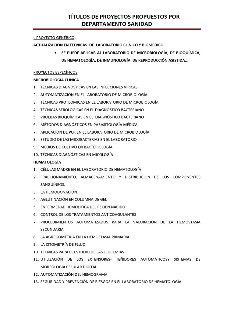 Proyectos Títulos Propuestos Por Departamento Sanidad | PDF | Laboratorios | Hematología