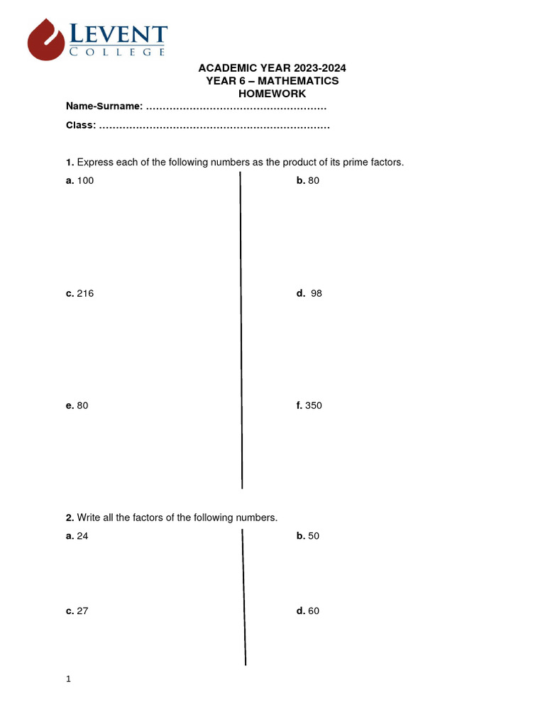 Year 6 Math Homework: Prime Factors & Multiples | PDF