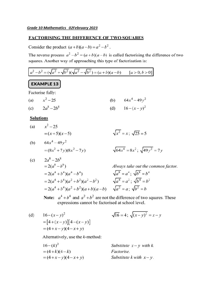 Gr10 Maths Diff 2 Squares Cubes 02feb 2023 | PDF