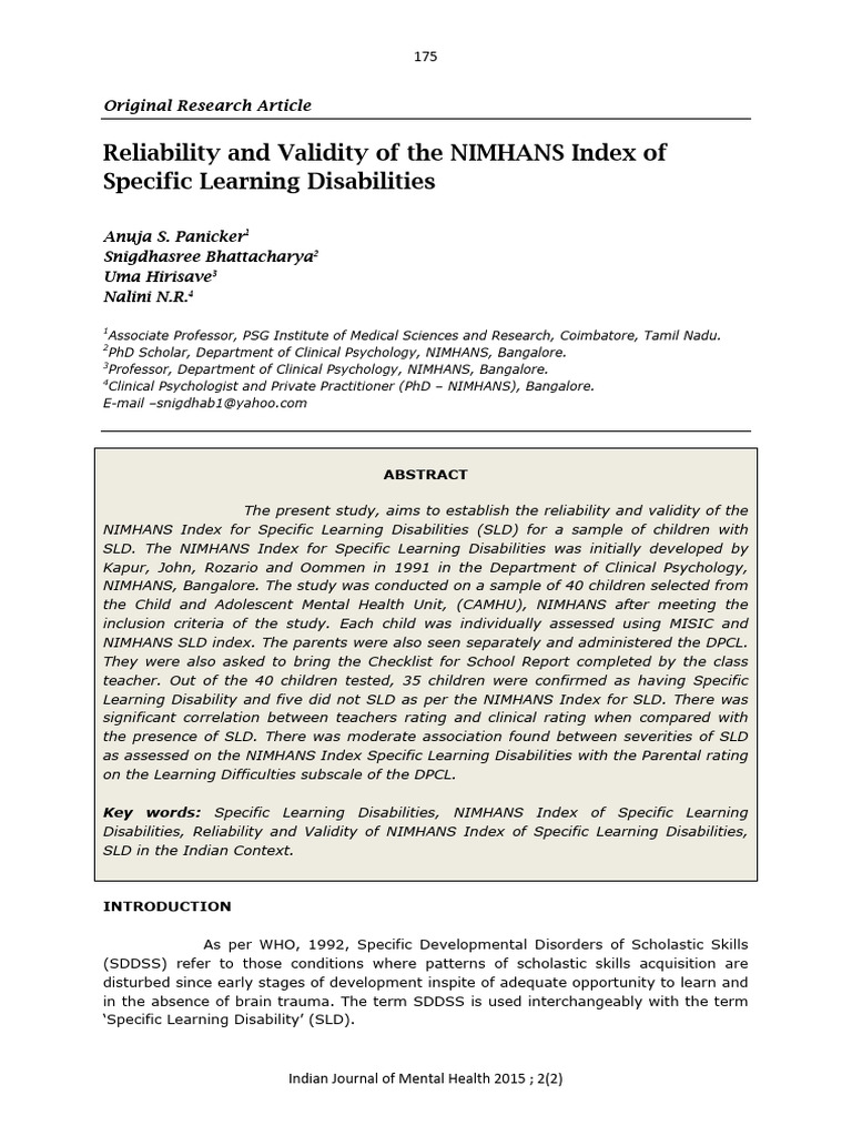NIMHANS SLD Index Reliability Study | PDF | Learning Disability | Mental Disorder