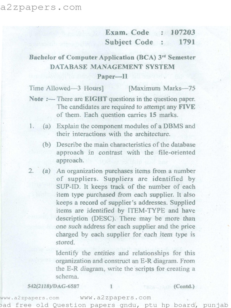 Exam. Code Subject Code: (Co - 1 542 (2118) /DAG-6587 | PDF | Databases | Relational Database