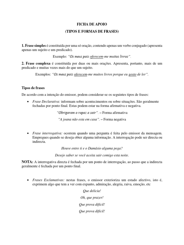 Tipos e Formas de Frases: Guia Completo | PDF | Assunto (gramática ...
