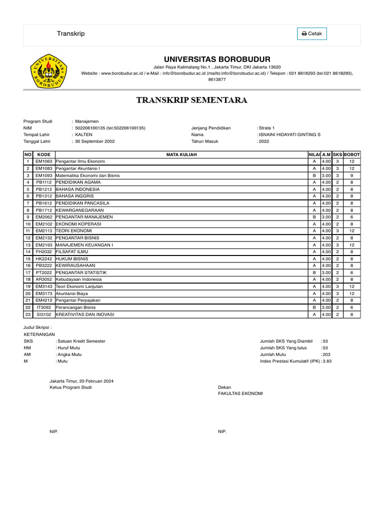 Transkrip Ipk Sementara | PDF