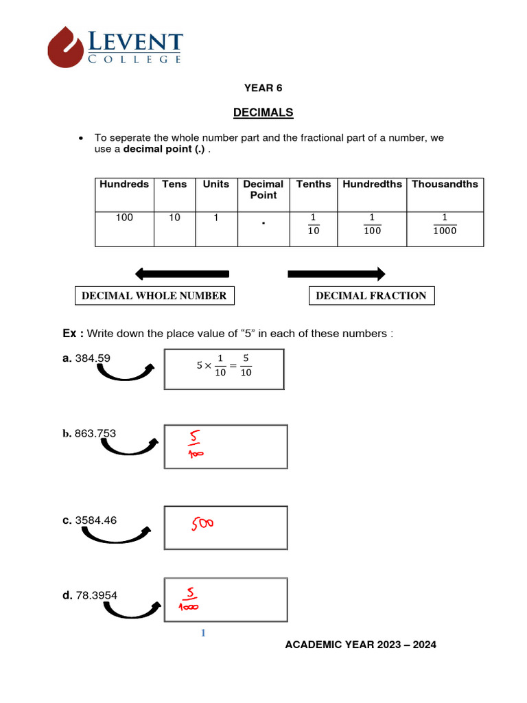 1 Decimal (Solutions) | PDF | Numbers | Decimal