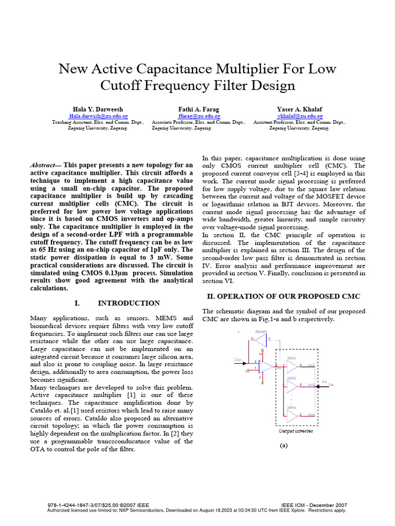 New Active Capacitance Multiplier For Low Cutoff Frequency Filter