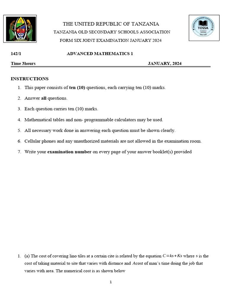 Advanced - Mathematics - 1 Tossa January 2024 | PDF | Pi | Function ...