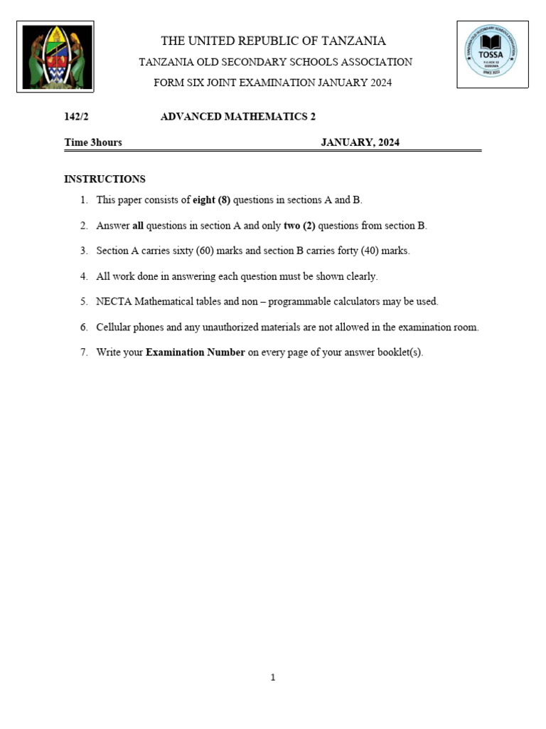 Advanced Mathematics 2 Tossa January 2024 | PDF | Applied Mathematics | Mathematics