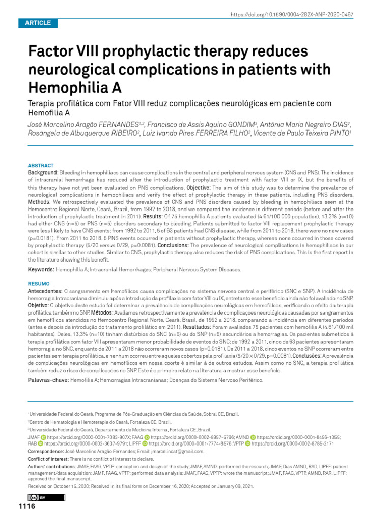 Fator VIII Profilaxia Terapia Reduzem Complicações Neurologicas em ...