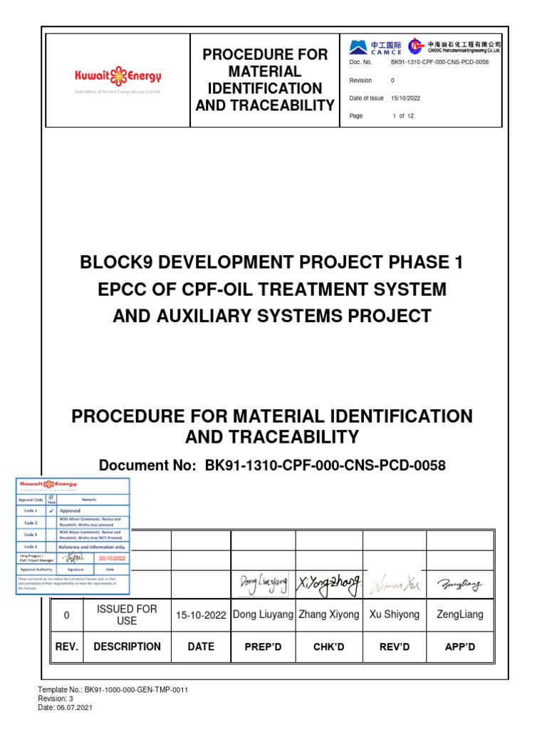 BK91-1310-CPF-000-CNS-PCD-0058 - 0 - Procedure For Material Identification and Traceability-C1 ...