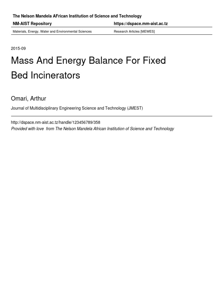 Mass And Energy Balance For Fixed | PDF | Incineration | Combustion