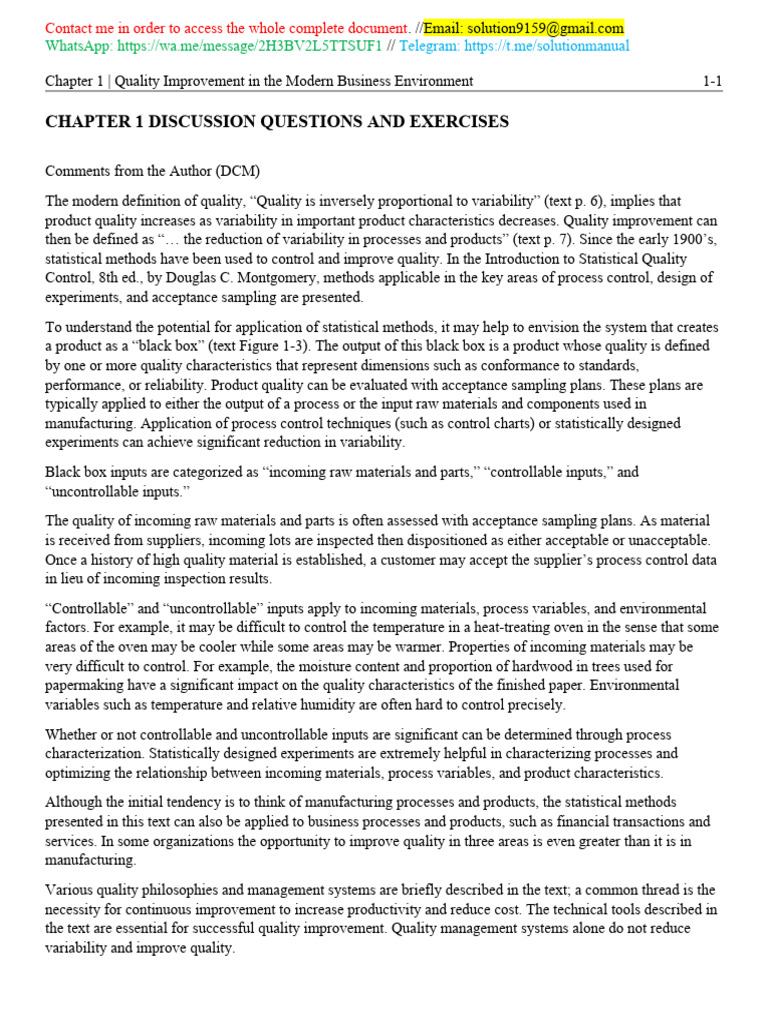 Solutions To Problems Introduction To Statistical Quality Control 8th Edition by Montgomery ...